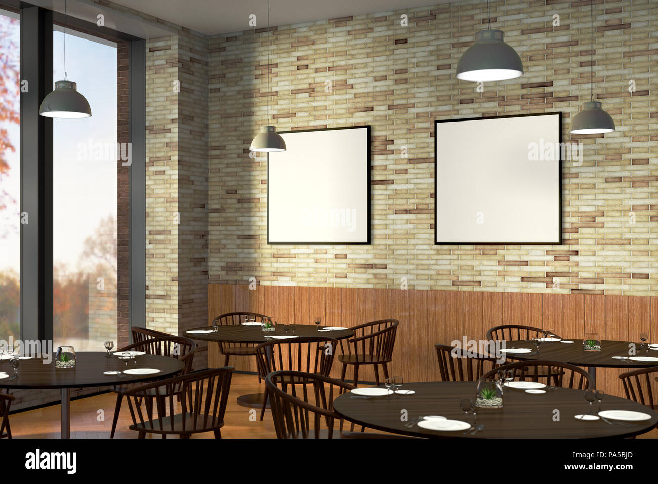 Modern restaurant interior with served tables and two blank square ...