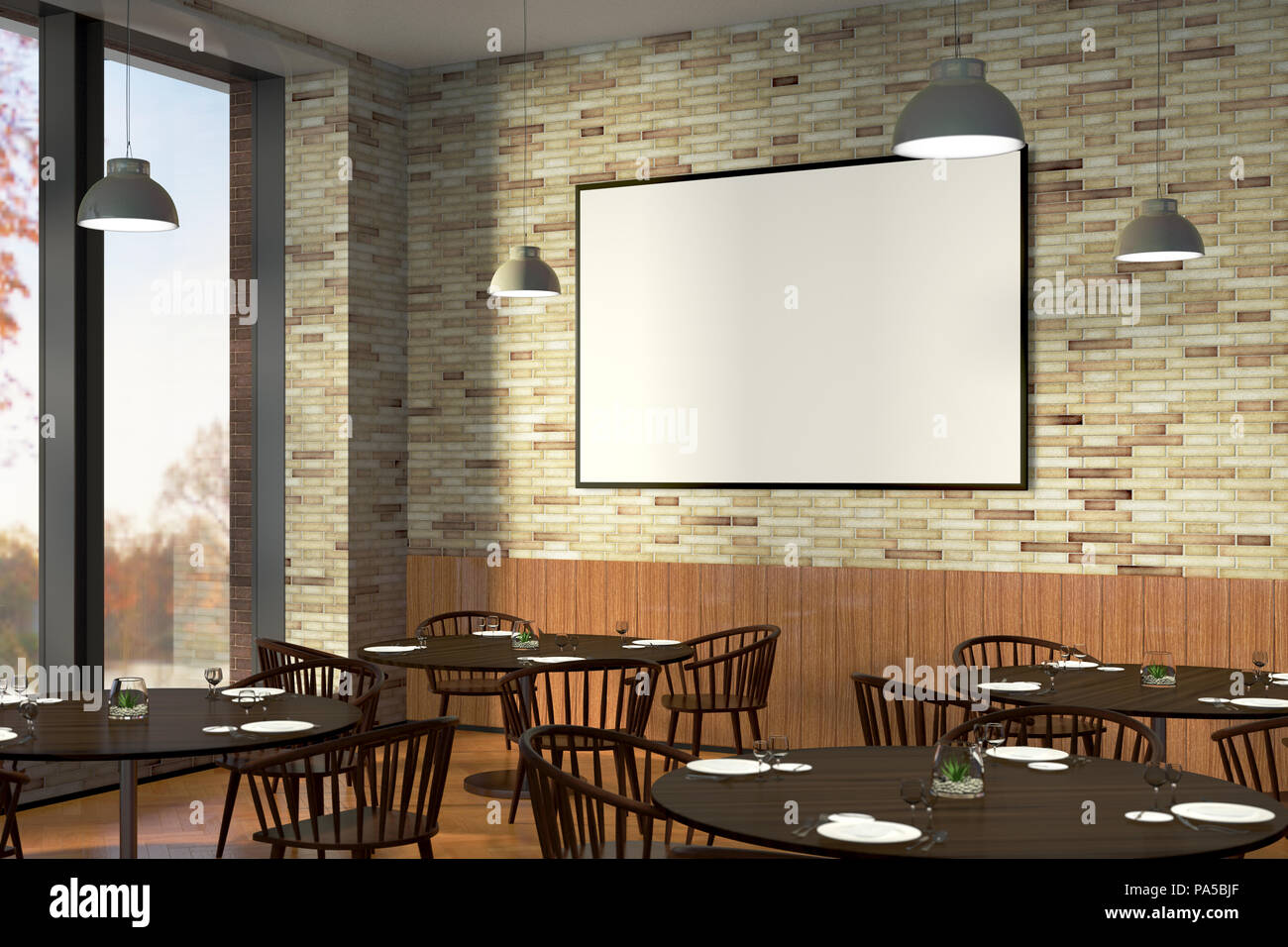Modern restaurant interior with served tables and blank horizontal ...