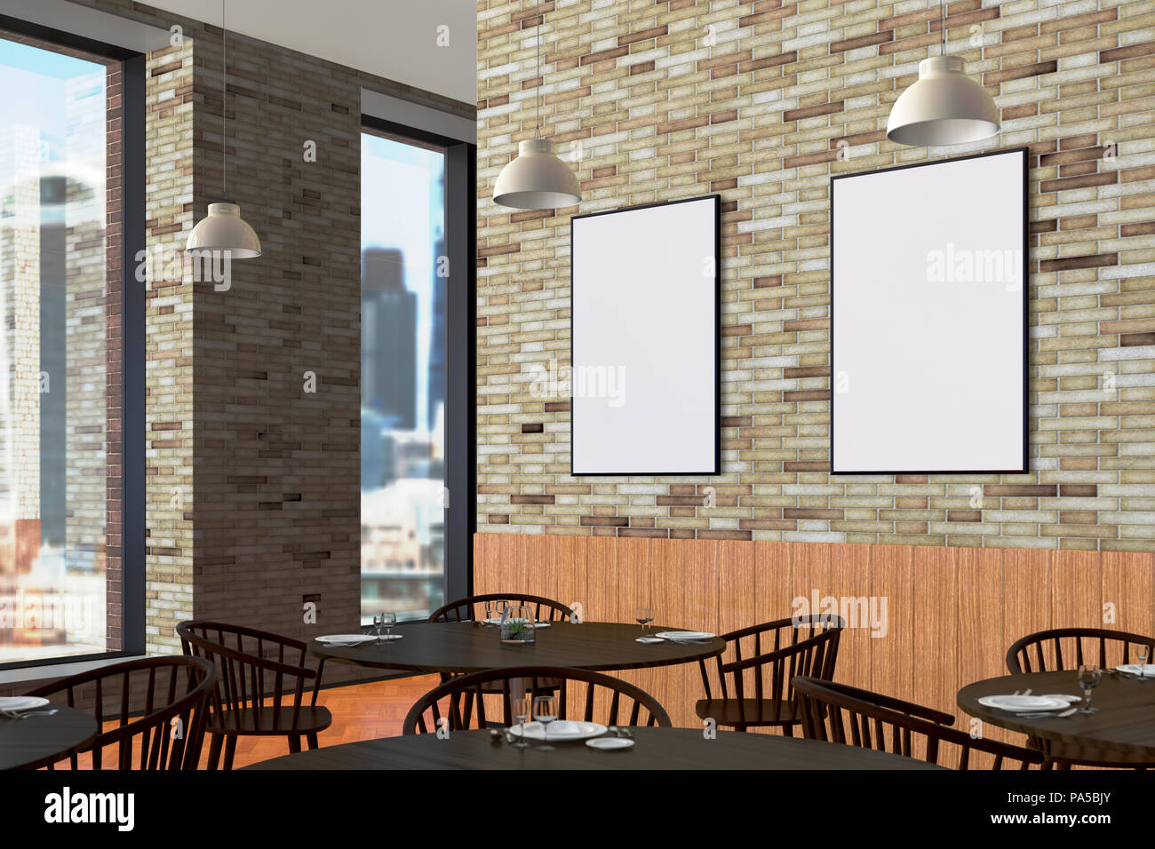 Modern restaurant interior with served tables and two blank vertical ...