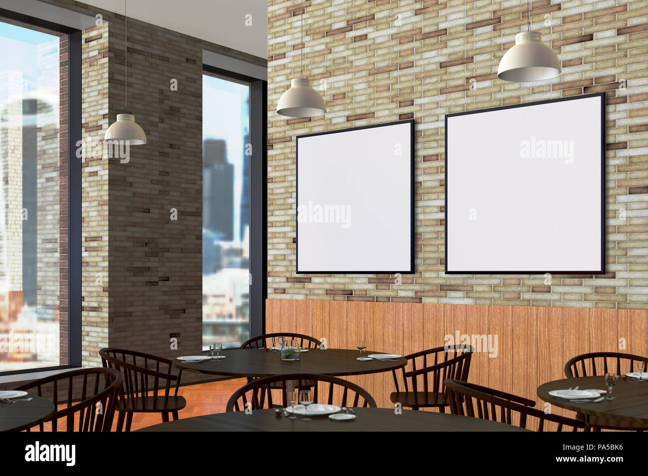 Modern restaurant interior with served tables and two blank square ...