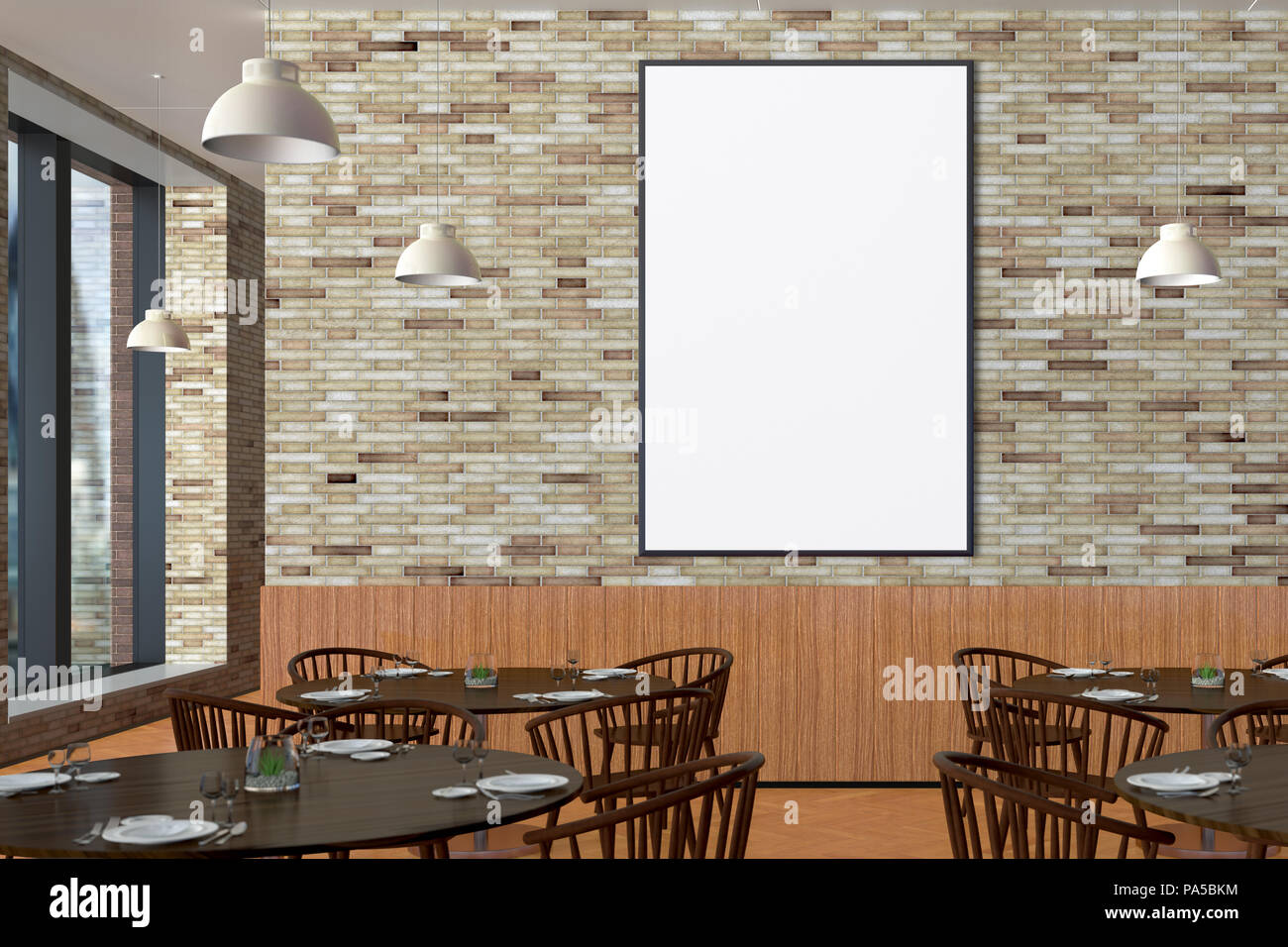 Modern restaurant interior with served tables and blank vertical poster ...