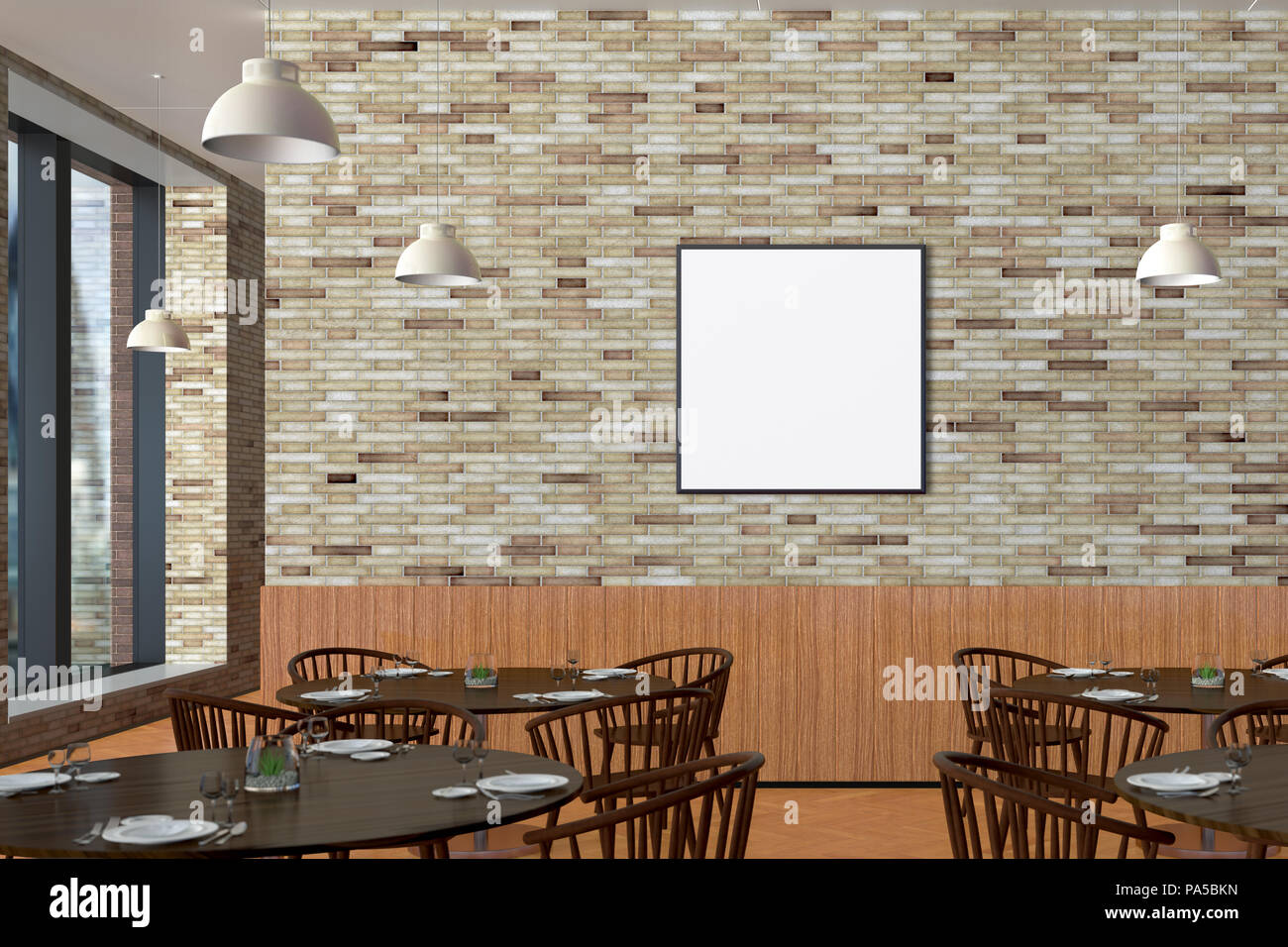 Modern restaurant interior with served tables and blank square poster ...