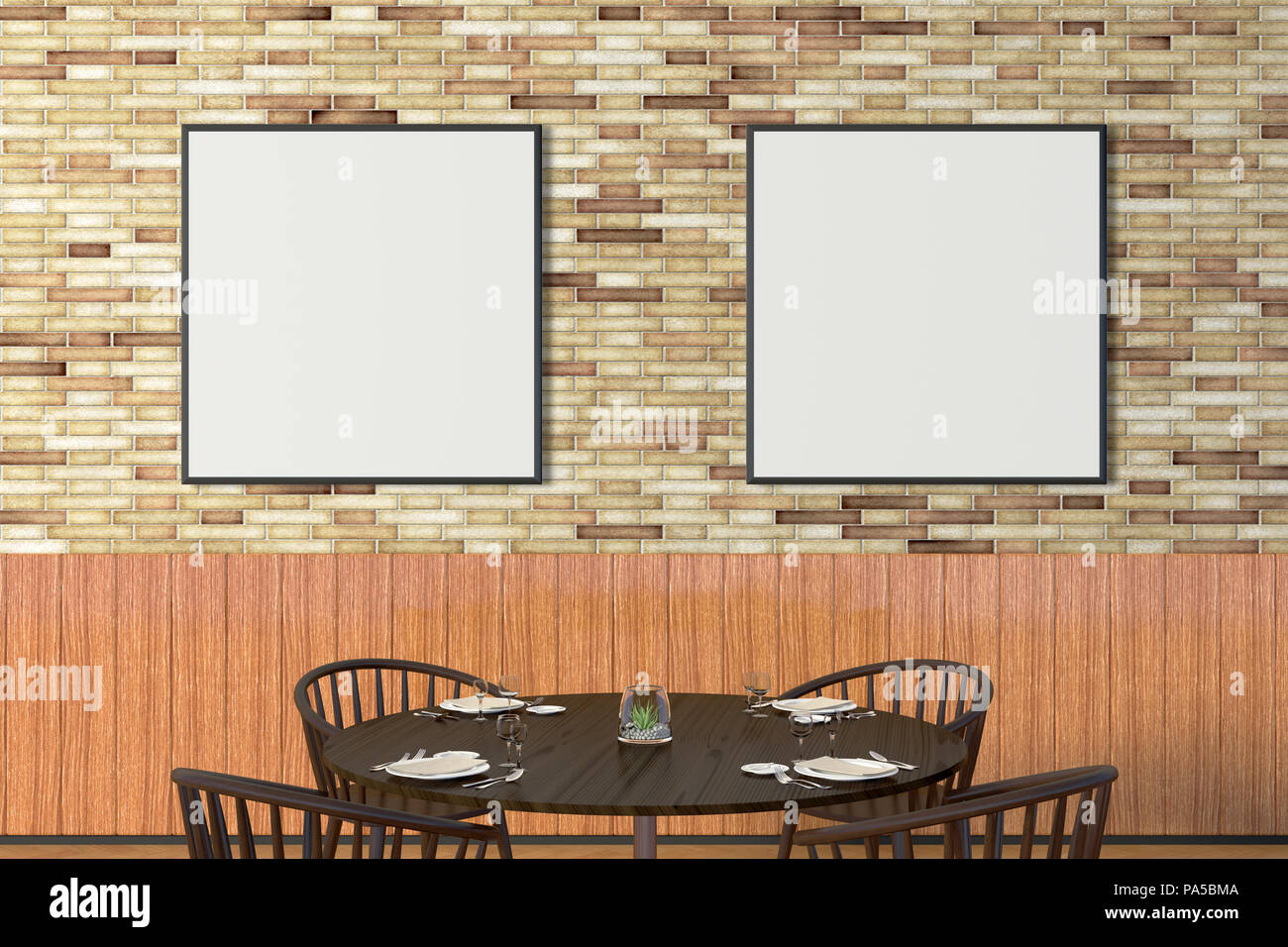 Modern restaurant interior with served tables and two blank square ...