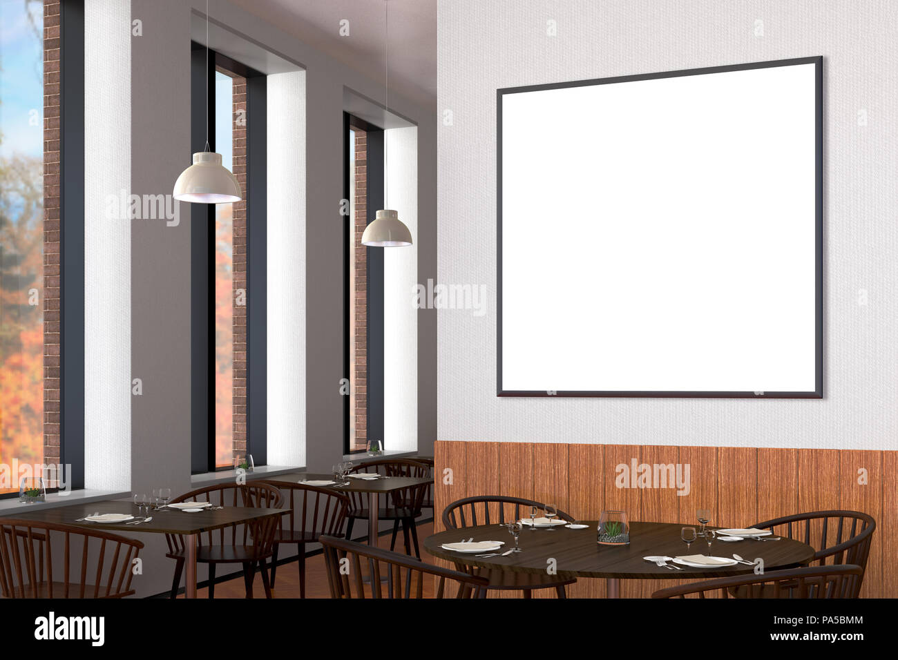 Modern restaurant interior with served tables and blank square poster ...