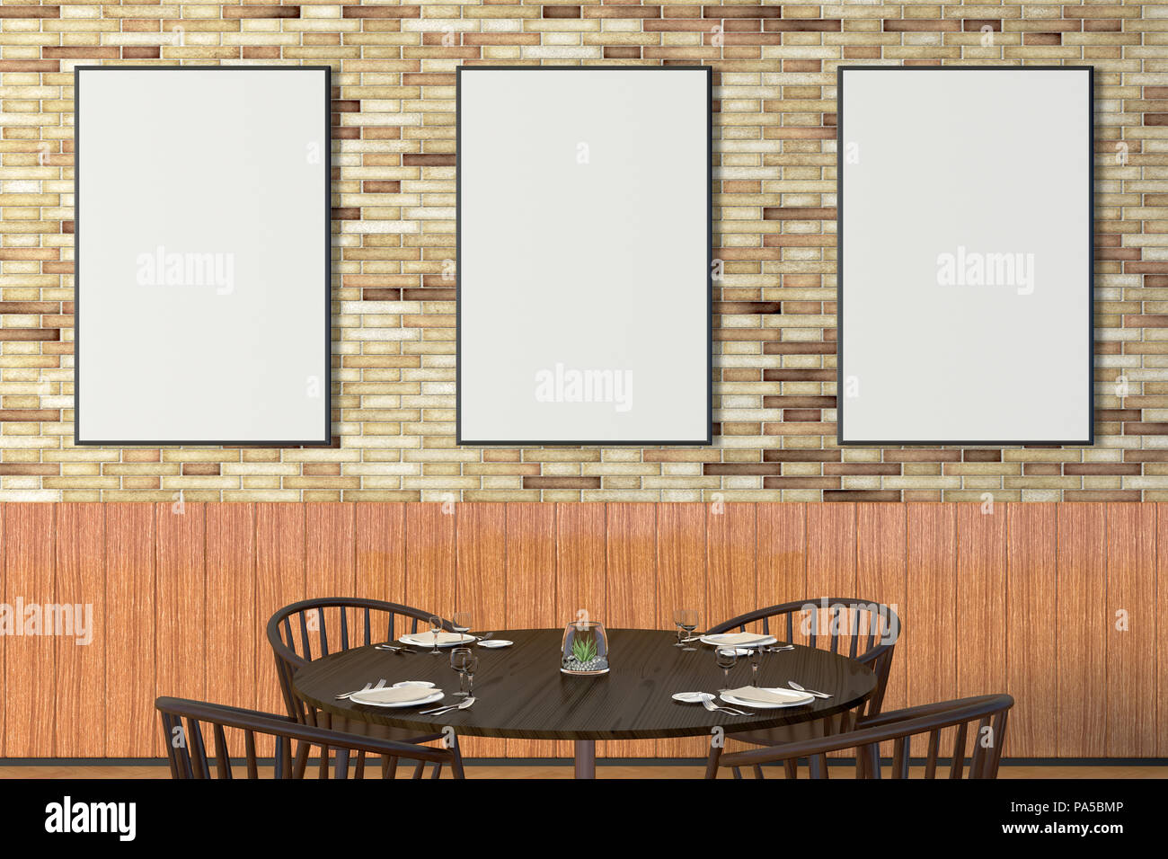 Modern restaurant interior with served tables and three blank vertical ...