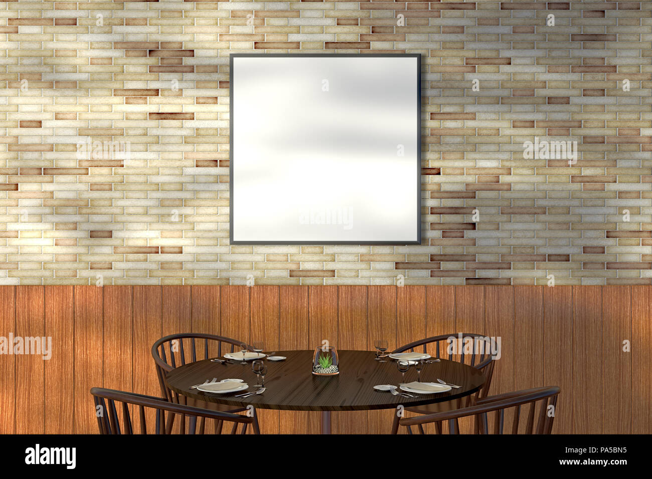 Modern restaurant interior with served tables and blank square poster ...