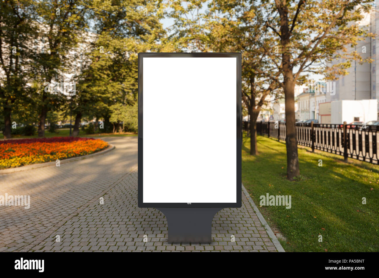 Blank street billboard poster stand in urban park. 3d illustration ...