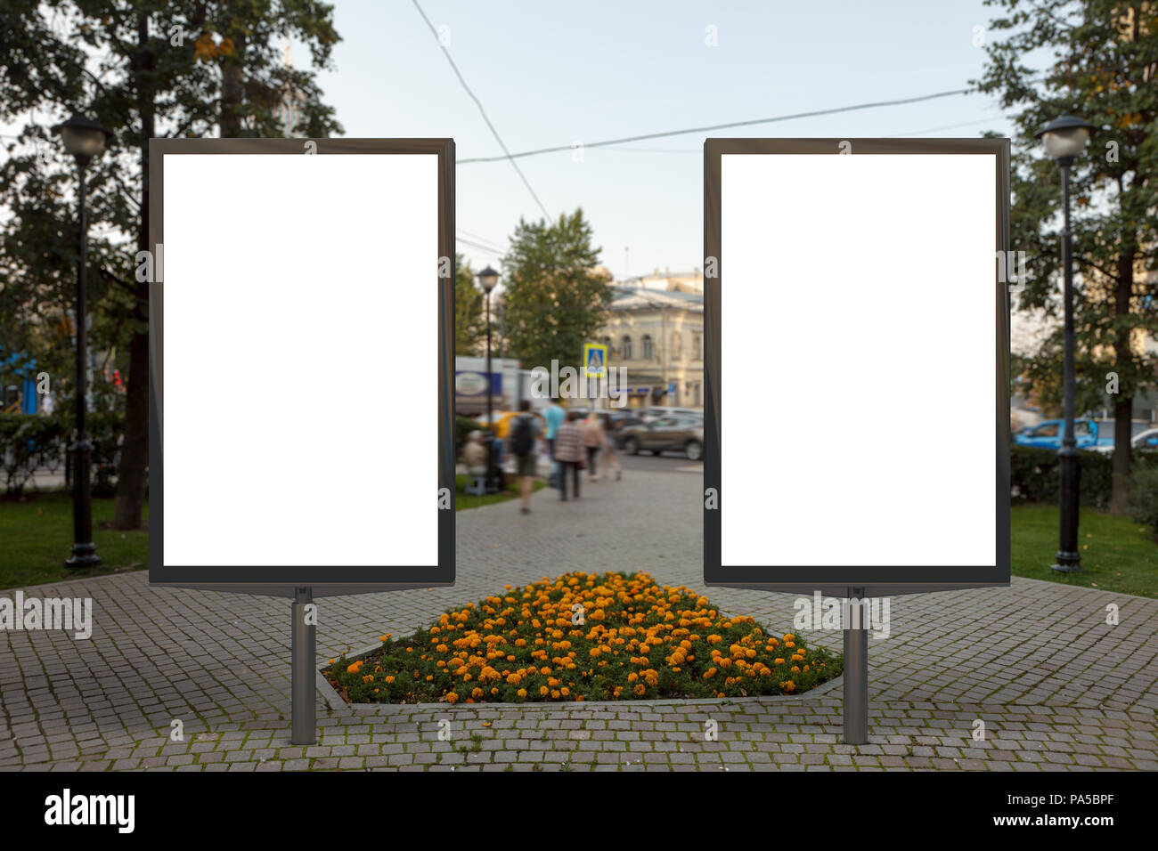 Two blank street billboard posters in urban park. 3d illustration Stock ...