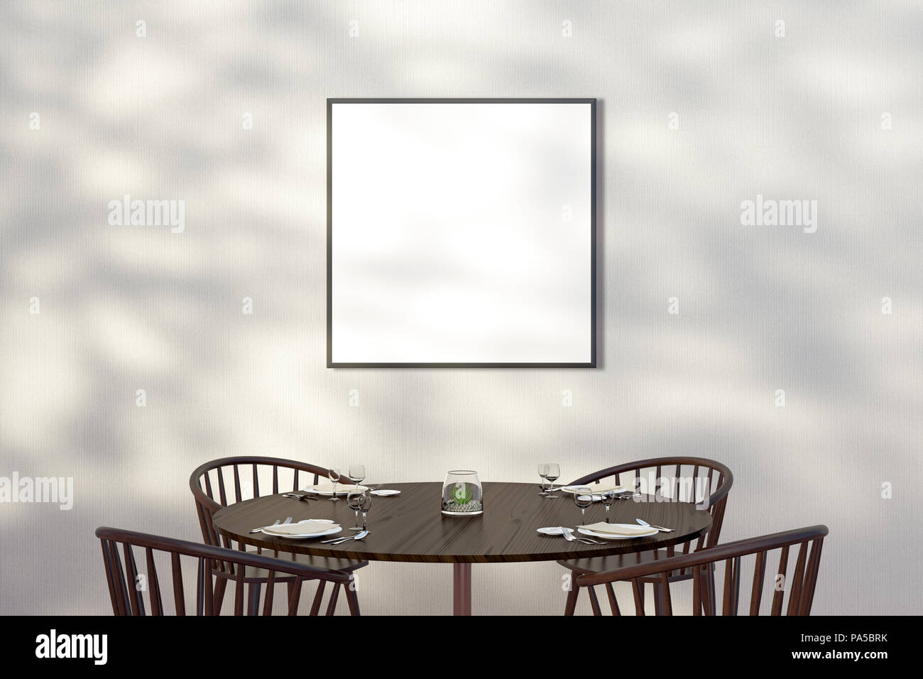Modern restaurant interior with served tables and blank square poster ...
