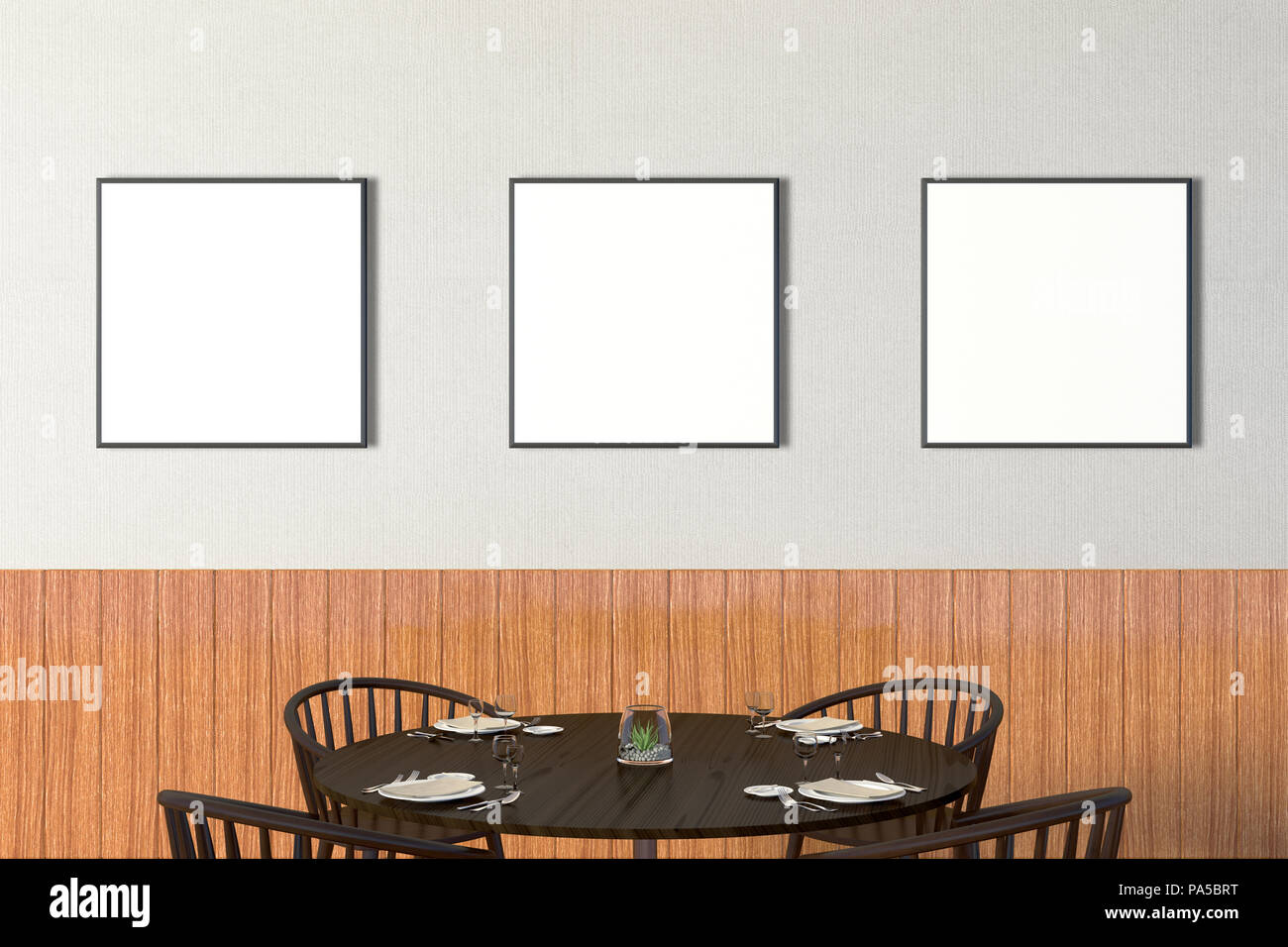Modern restaurant interior with served tables and three blank square ...