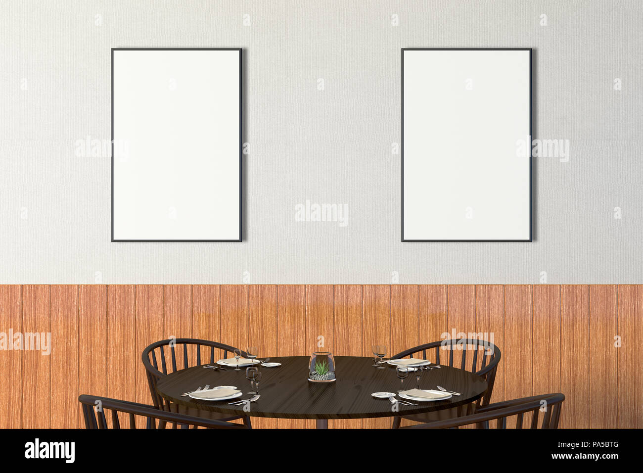 Modern restaurant interior with served tables and two blank vertical ...