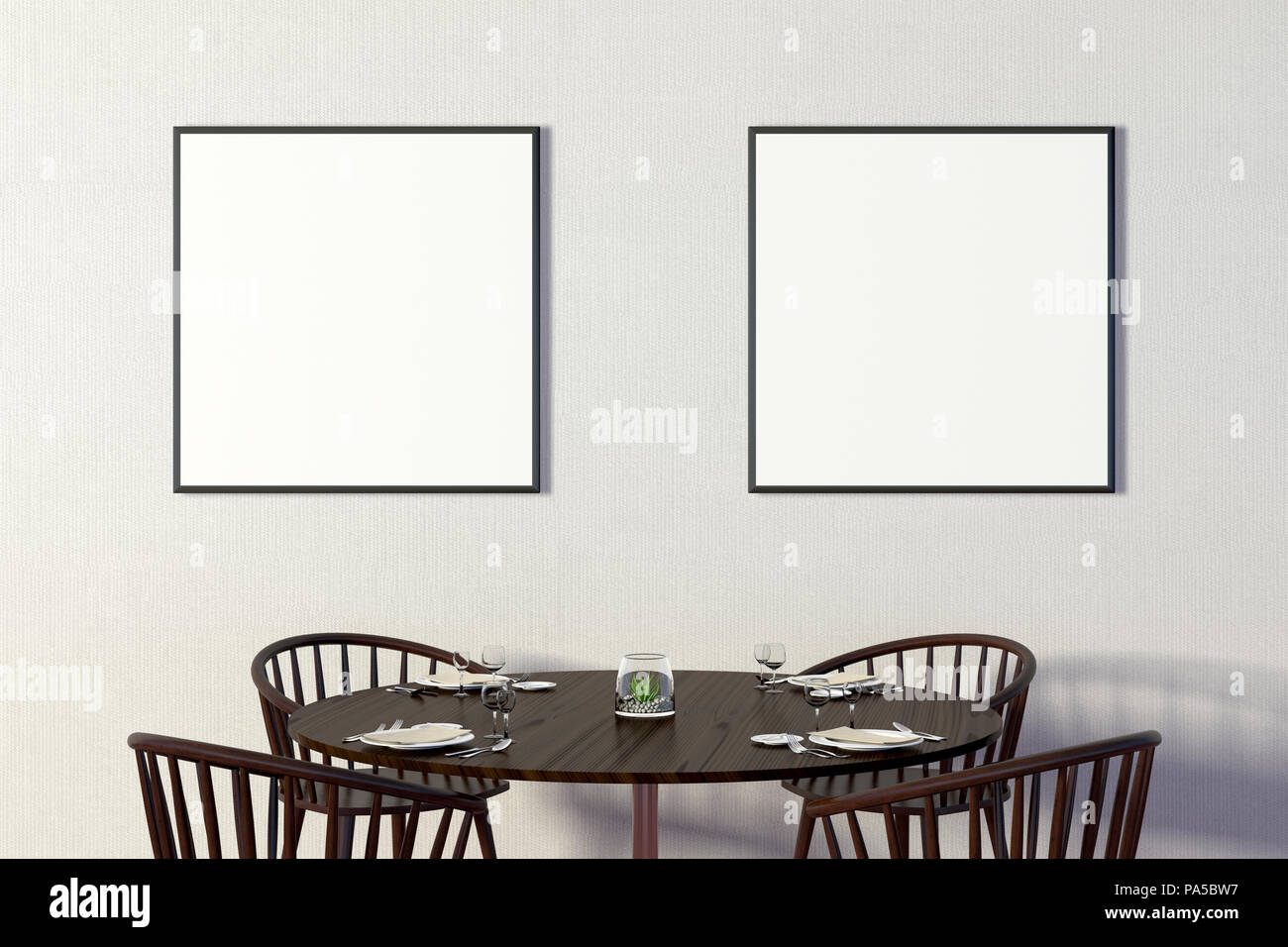 Modern restaurant interior with served tables and two blank square ...