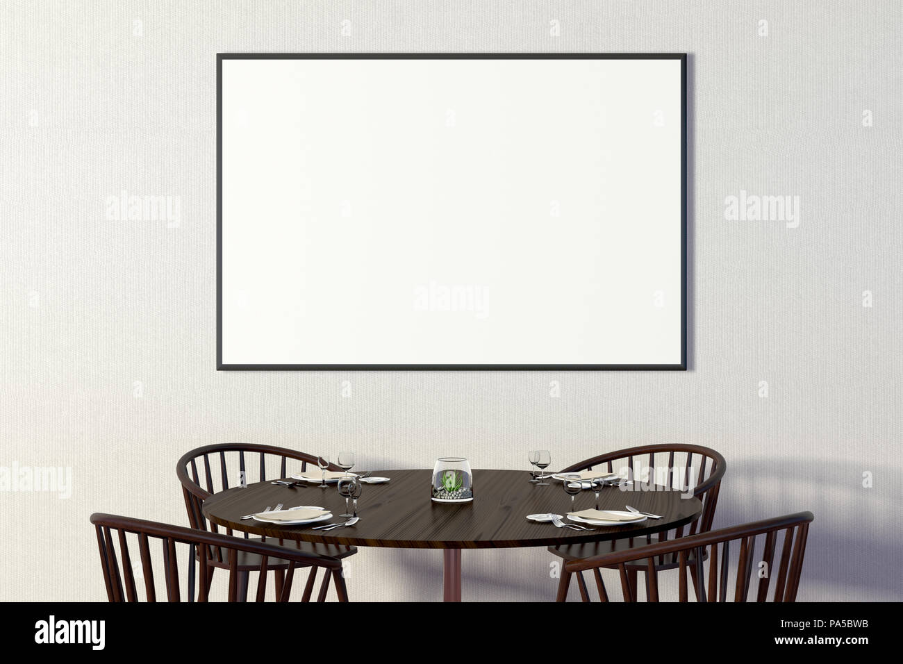 Modern restaurant interior with served table and blank horizontal ...