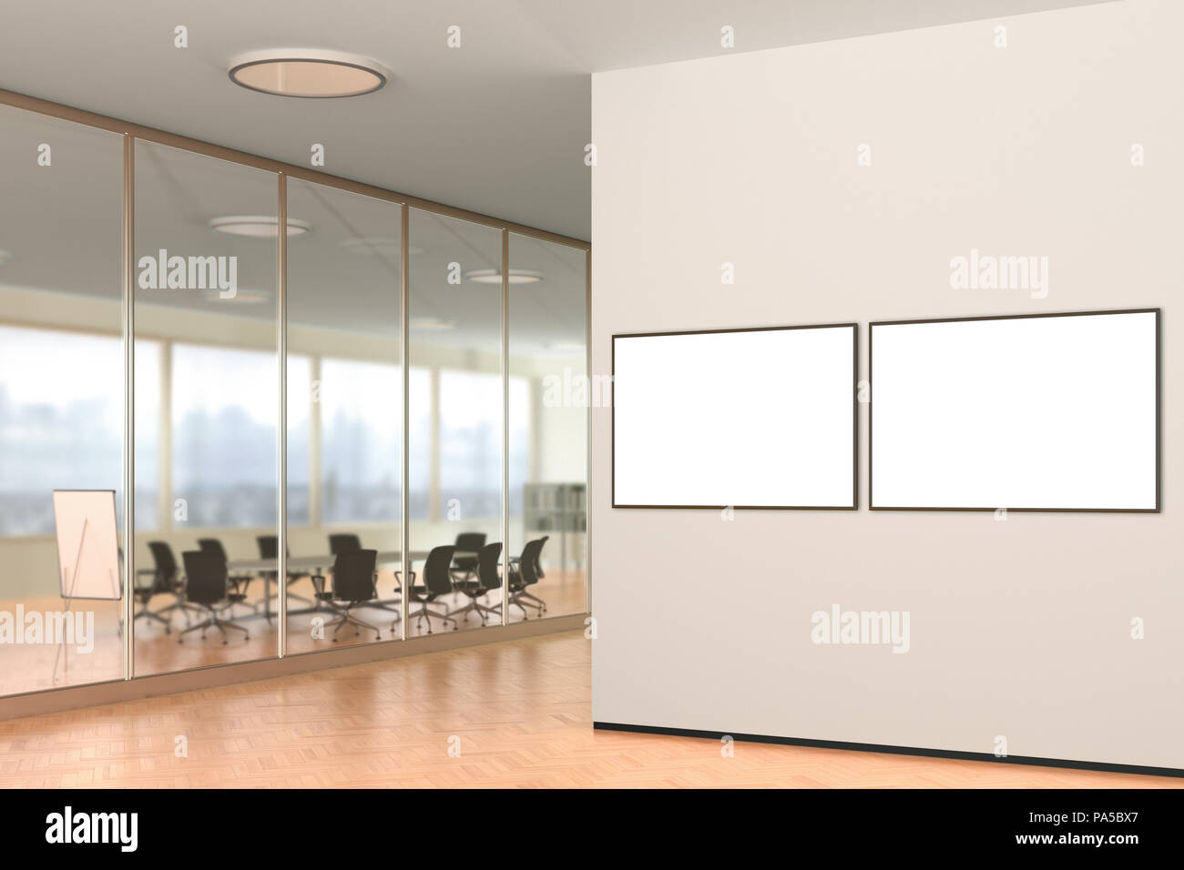 Two horizontal blank posters on the wall in modern office. 3d ...