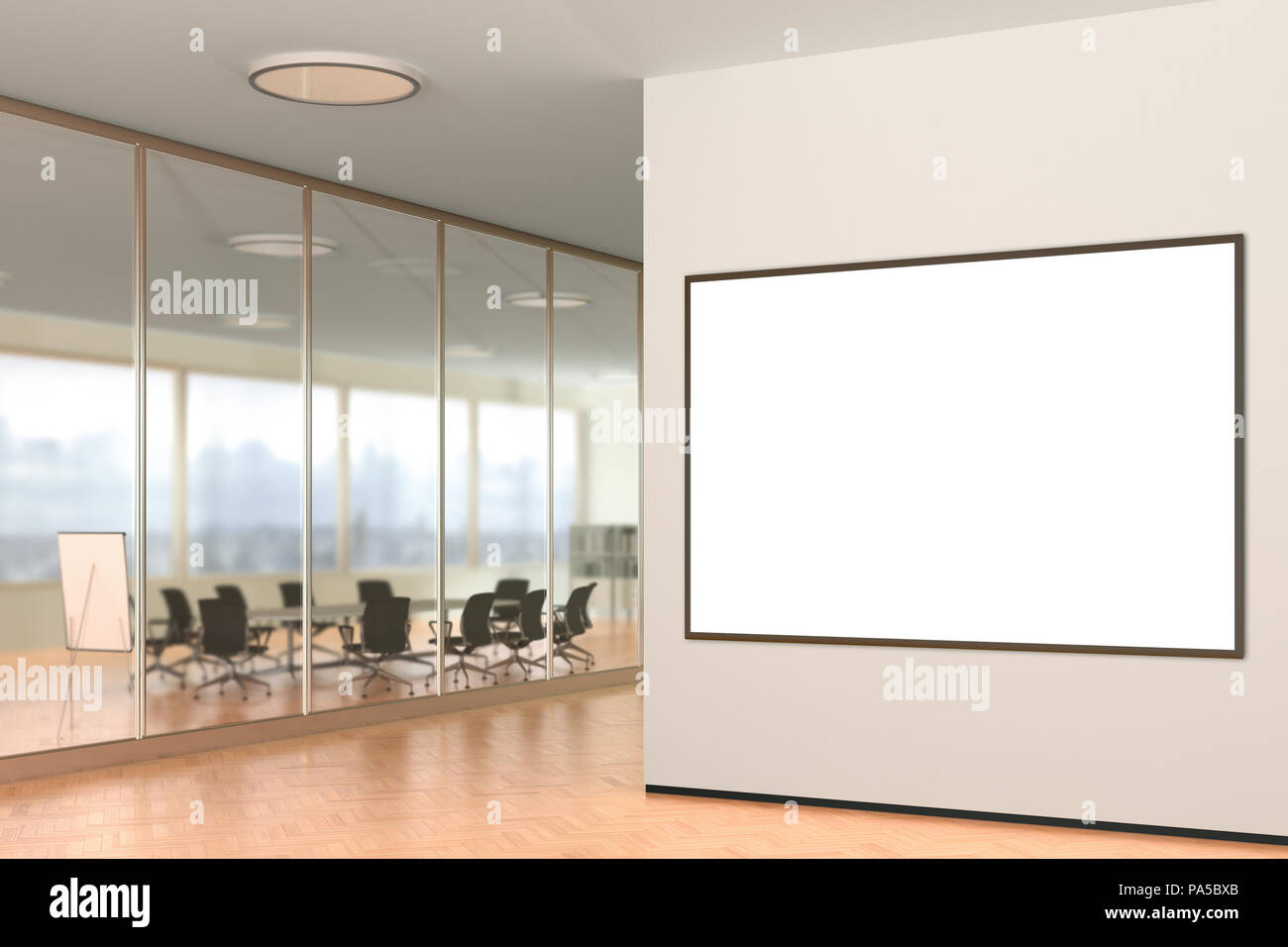 Blank horizontal poster on the wall in modern office. 3d illustration ...