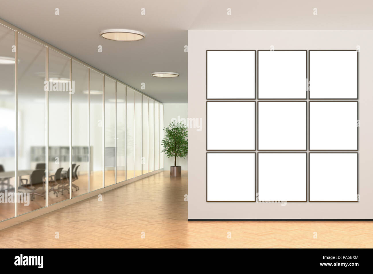 Tiled blank posters on the wall in modern office. 3d illustration Stock ...