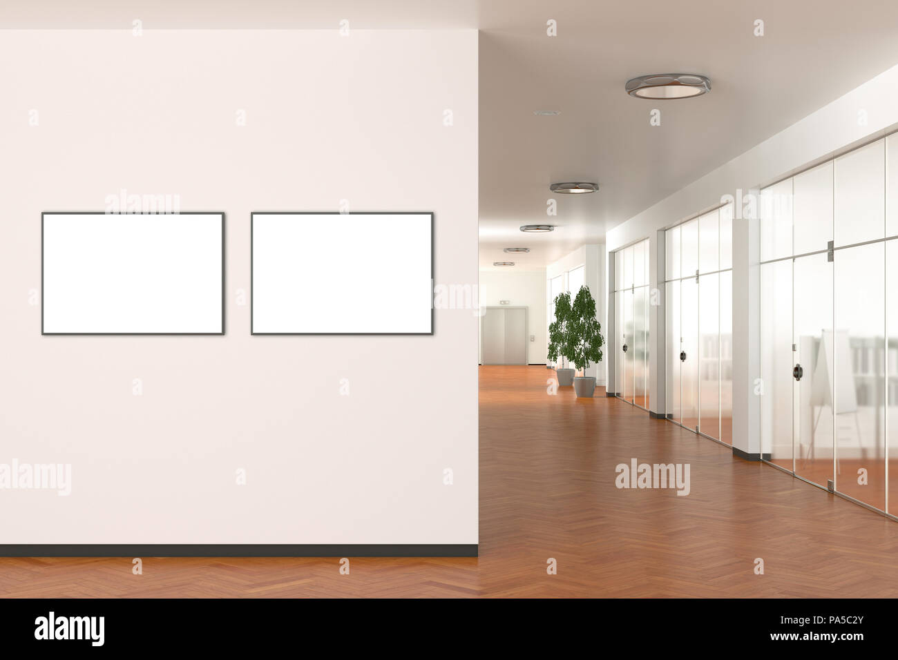 Two horizontal blank posters on the wall in modern office. 3d ...