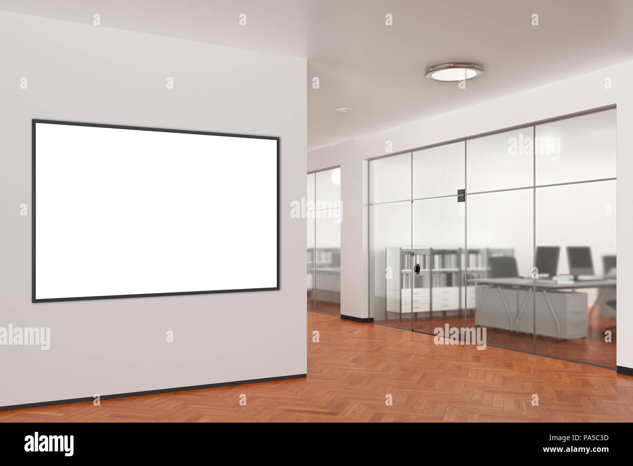 Blank horizontal poster on the wall in modern office. 3d illustration ...