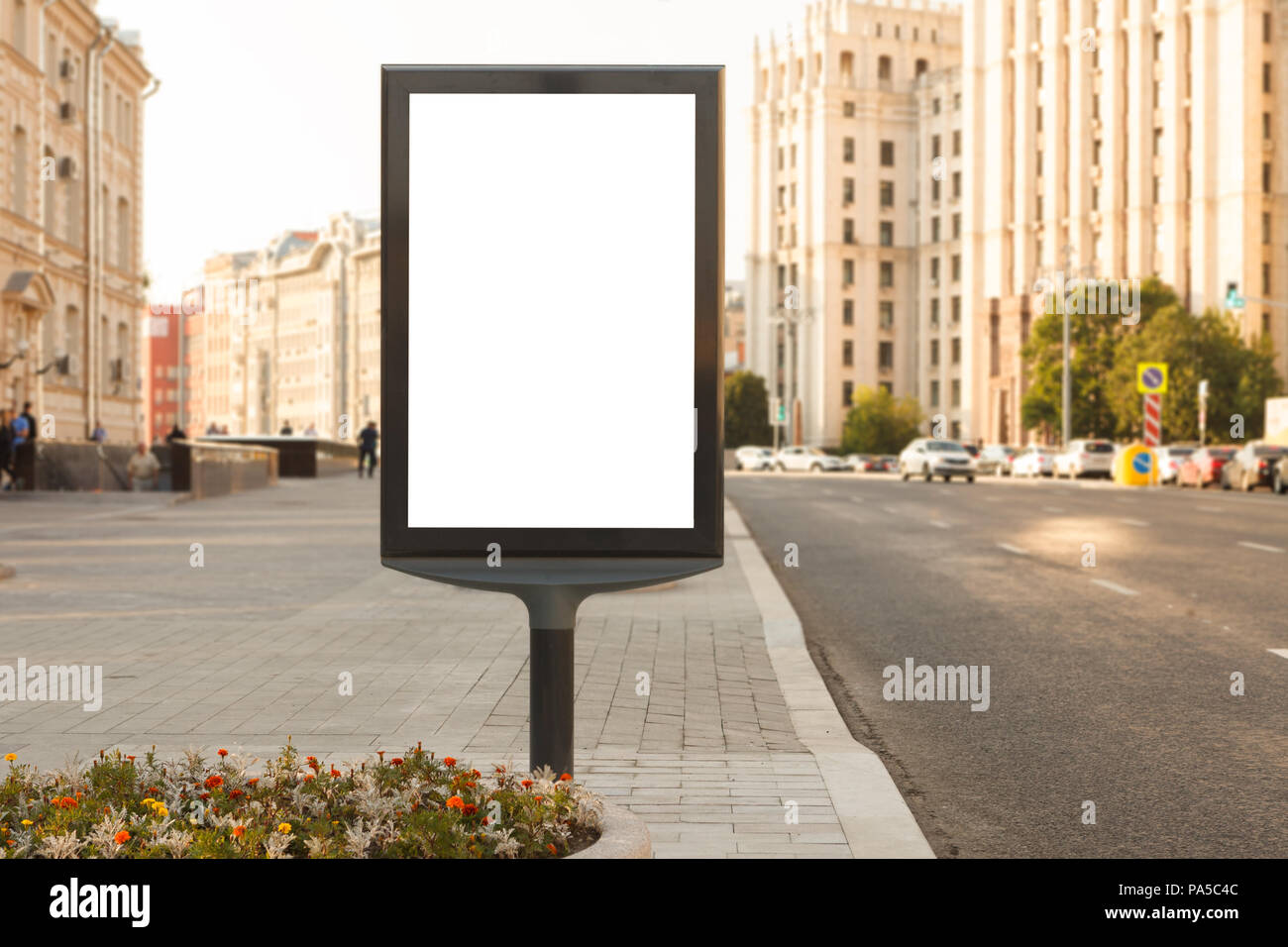 Blank vertical street billboard stand with city background Stock Photo ...