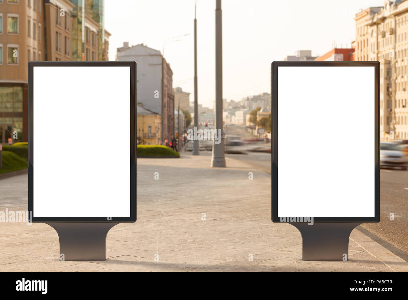 Two blank vertical street billboard posters on city background. 3d ...