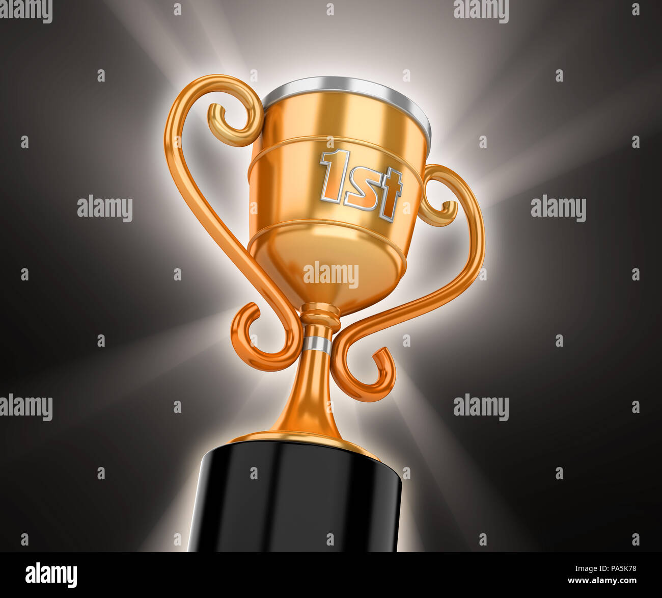 Gold winner cup with volume light on black background Stock Photo - Alamy