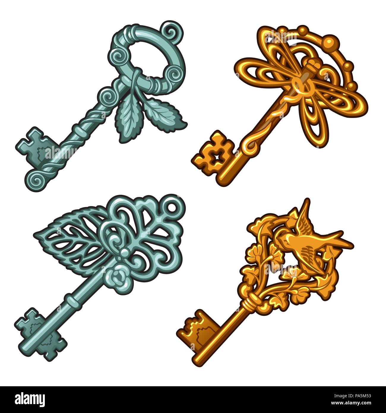 Set of vintage keys isolated on a white background. Cartoon vector ...