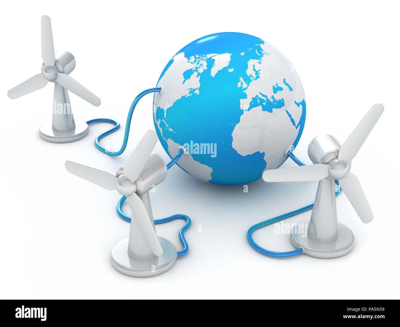 Globe connected to three wind turbines Stock Photo - Alamy