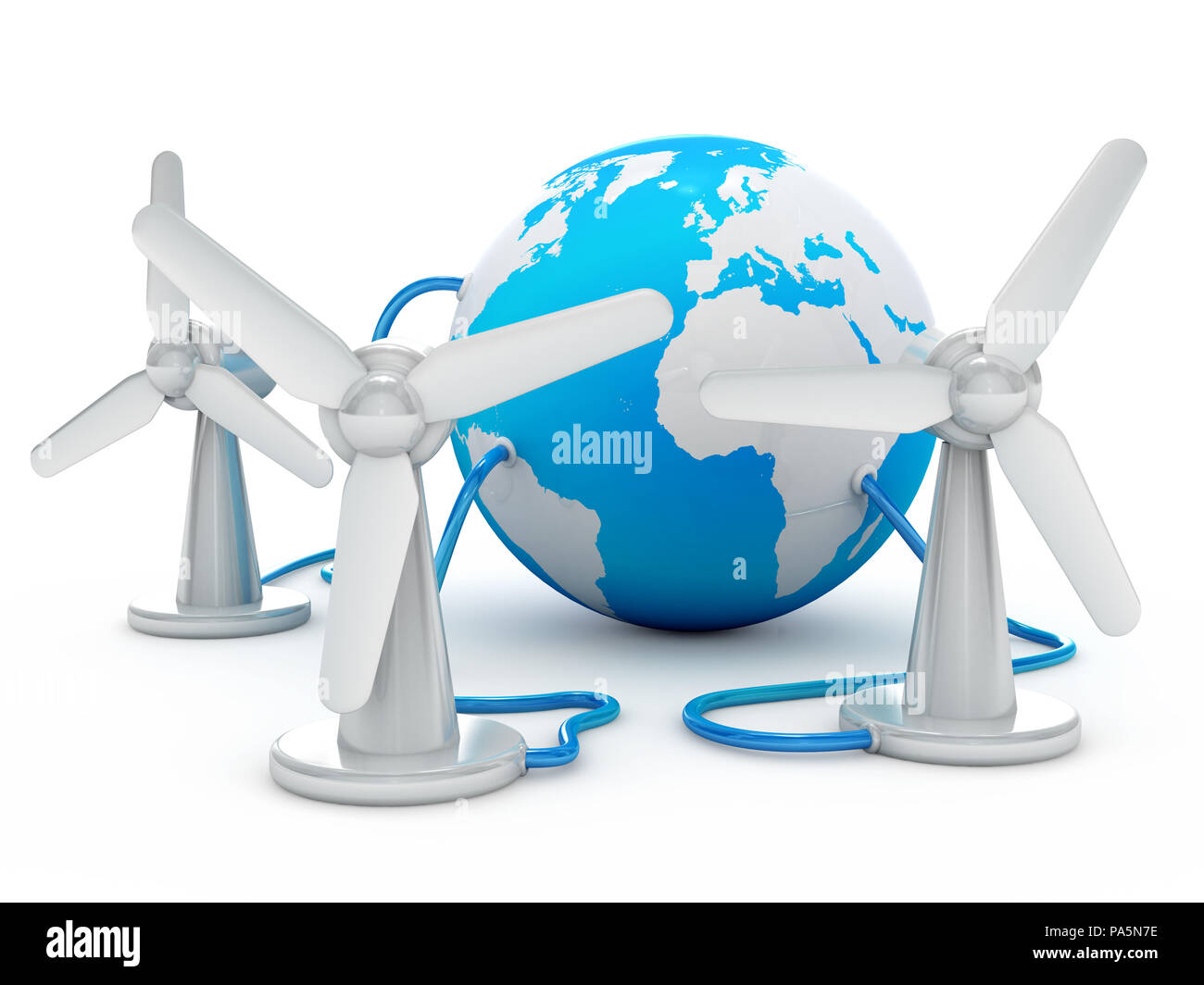 Globe connected to three wind turbines Stock Photo - Alamy