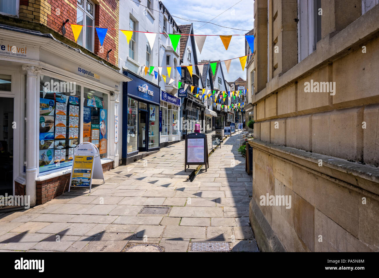 Cheap Street Frome adorned with colourful bunting taken in Frome ...