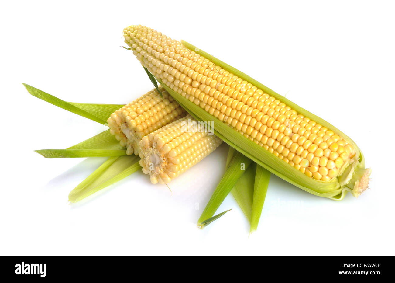 fresh corn fruits with green leaves isolated on white background Stock ...