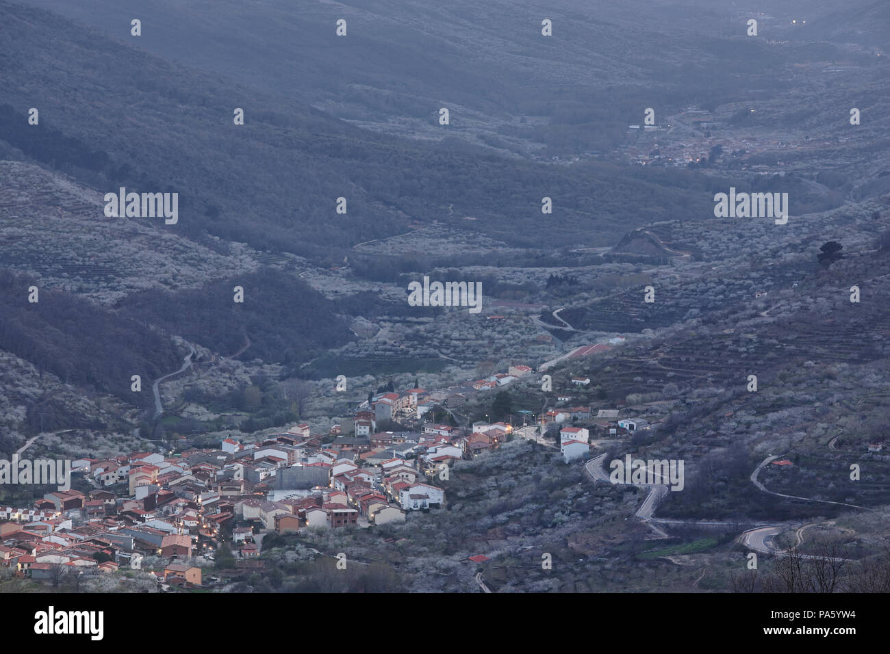 Jerte valley from Tornavacas viewpoint. Cherry blossom. Rural Spain ...