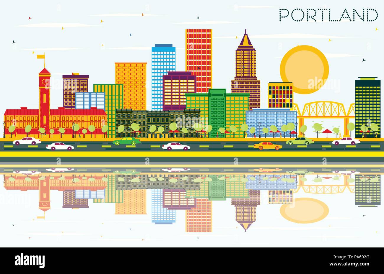 Portland Oregon City Skyline with Color Buildings, Blue Sky and ...