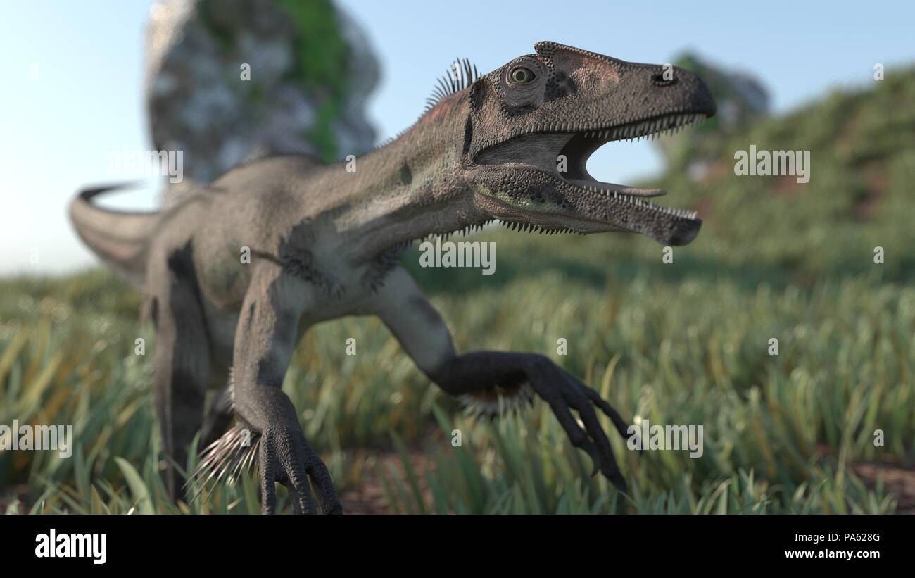 running utahraptor in prehistoric landscape Stock Photo - Alamy