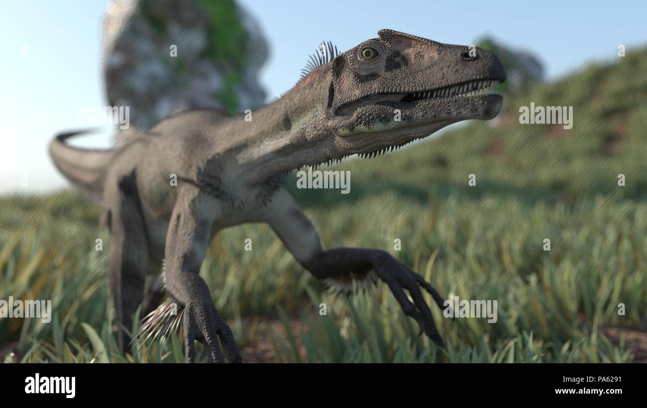running utahraptor in prehistoric landscape Stock Photo - Alamy