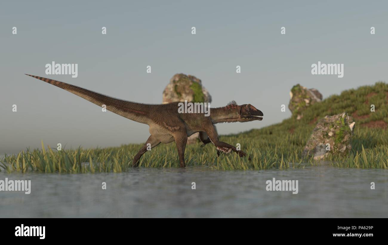 running utahraptor in prehistoric landscape Stock Photo - Alamy