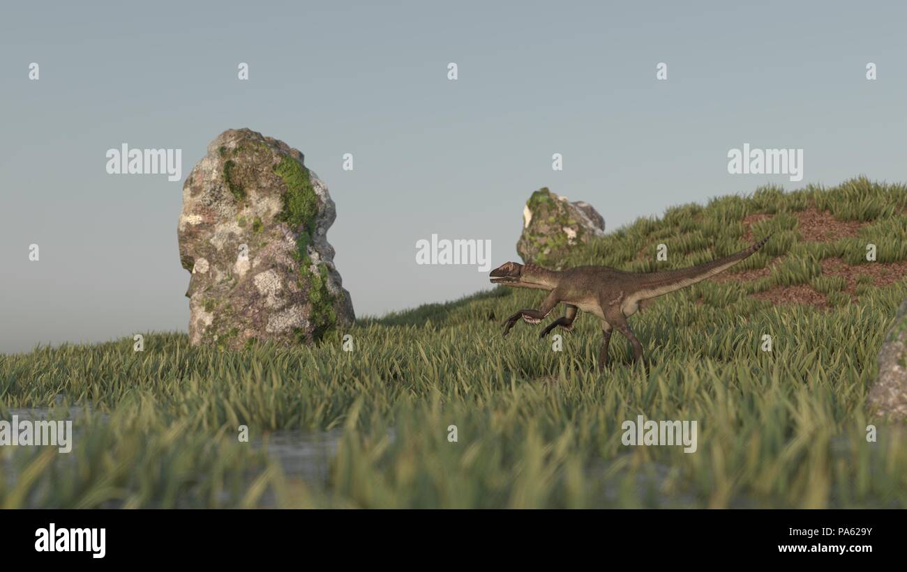 running utahraptor in prehistoric landscape Stock Photo - Alamy