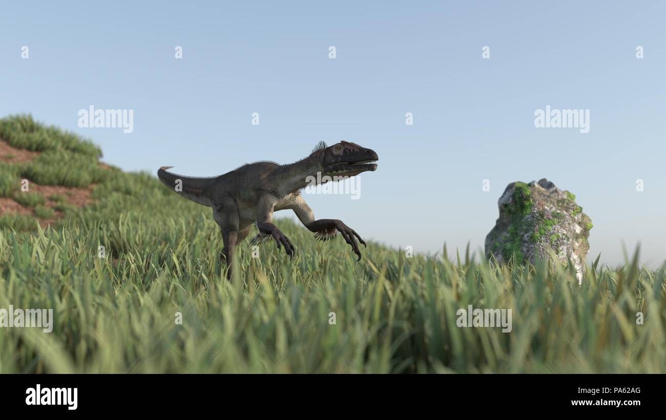 running utahraptor in prehistoric landscape Stock Photo - Alamy