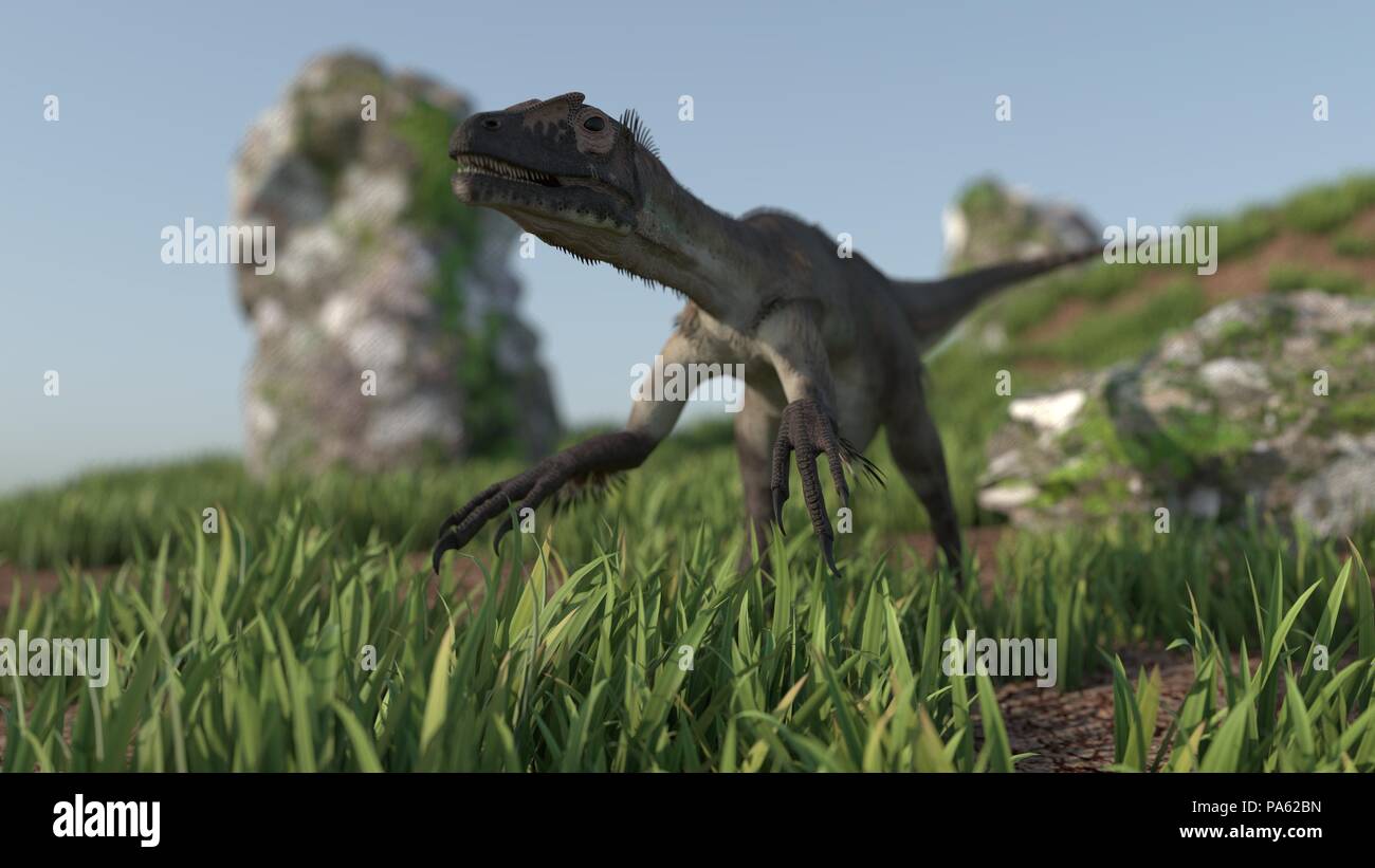 running utahraptor in prehistoric landscape Stock Photo - Alamy