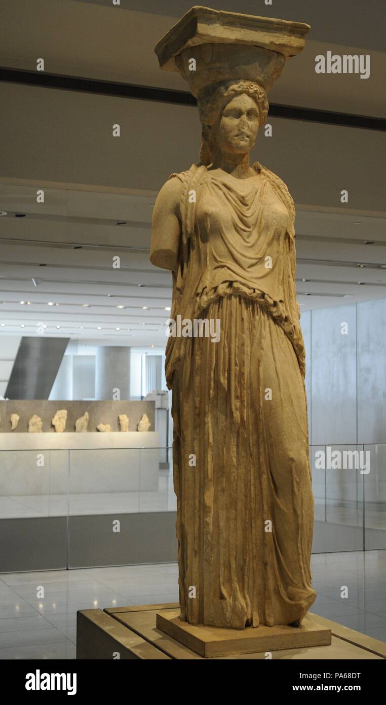 Greek art. The Caryatid Porch of the Erechtheion. Draped female figures ...