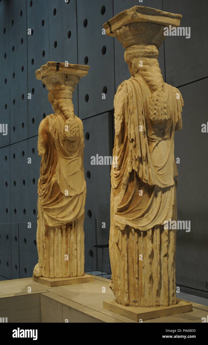 Greek art. The Caryatid Porch of the Erechtheion. Draped female figures ...