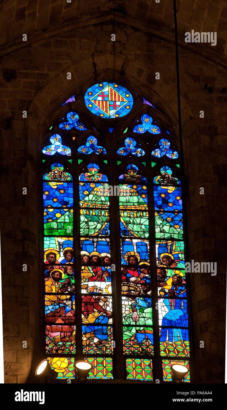 Stained glass window representing the Holy Supper, in the Cathedral of ...