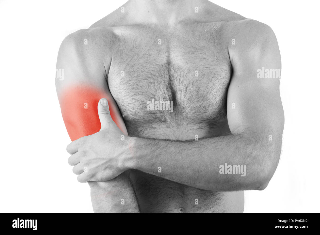 Man with triceps pain over white background Stock Photo - Alamy