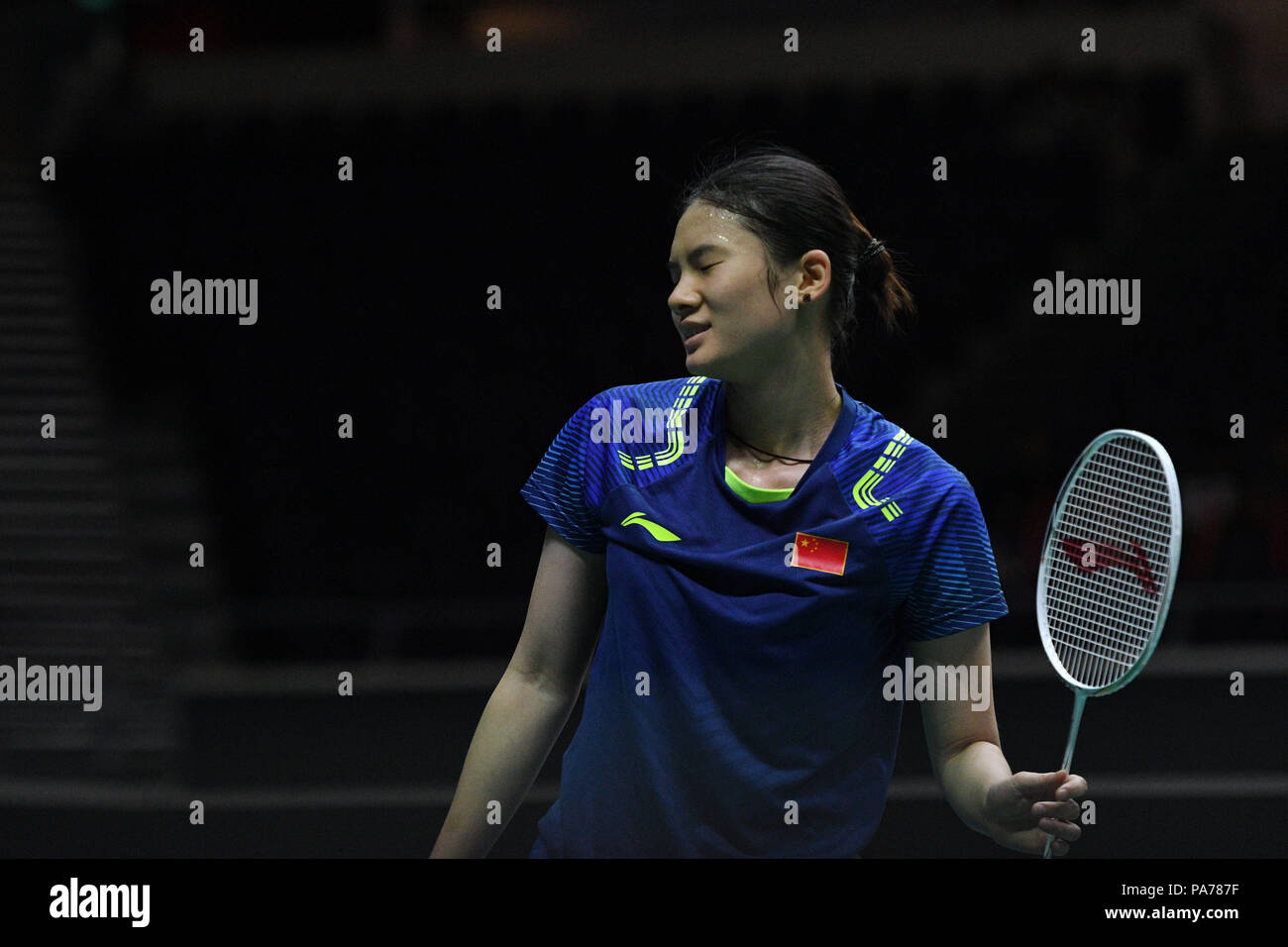 Singapore. 21st July, 2018. Han Yue of China reacts during the women's ...