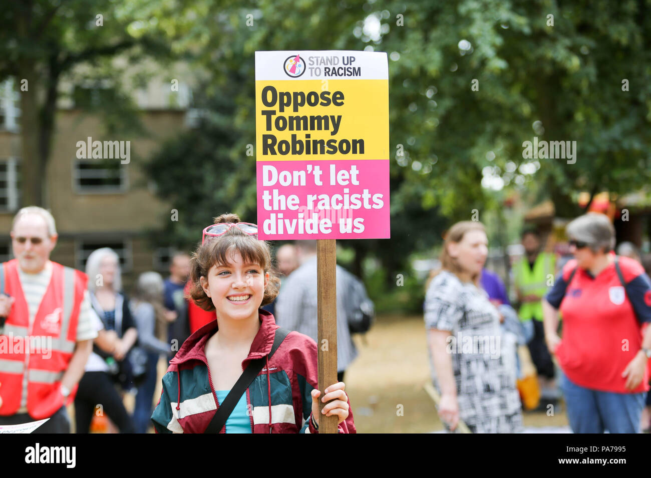 21st July, 2018. Tommy Robinson supporters gather at Parkers Piece for ...