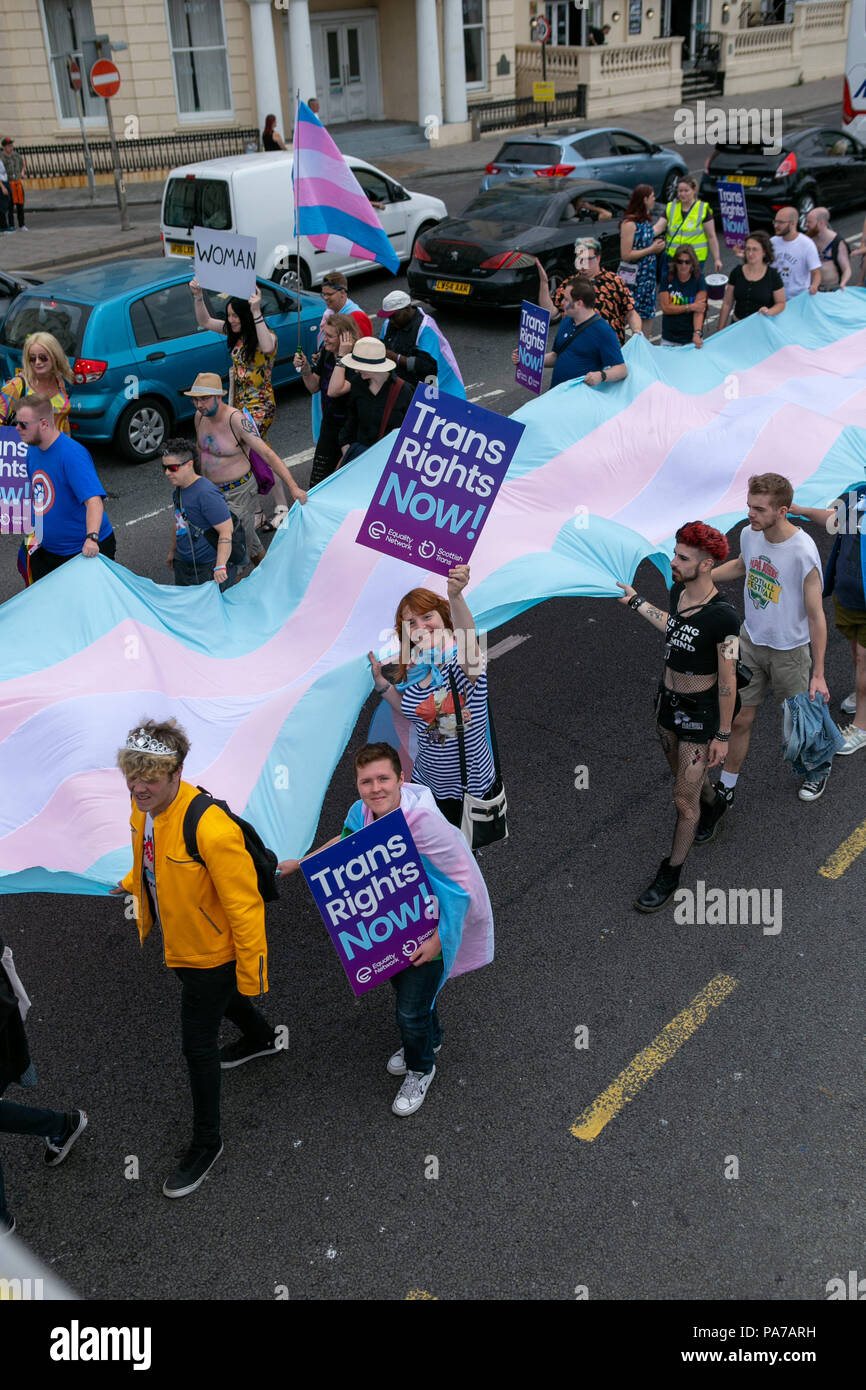 Brighton, UK. July 21, 2018 - Thousands of people march along the ...