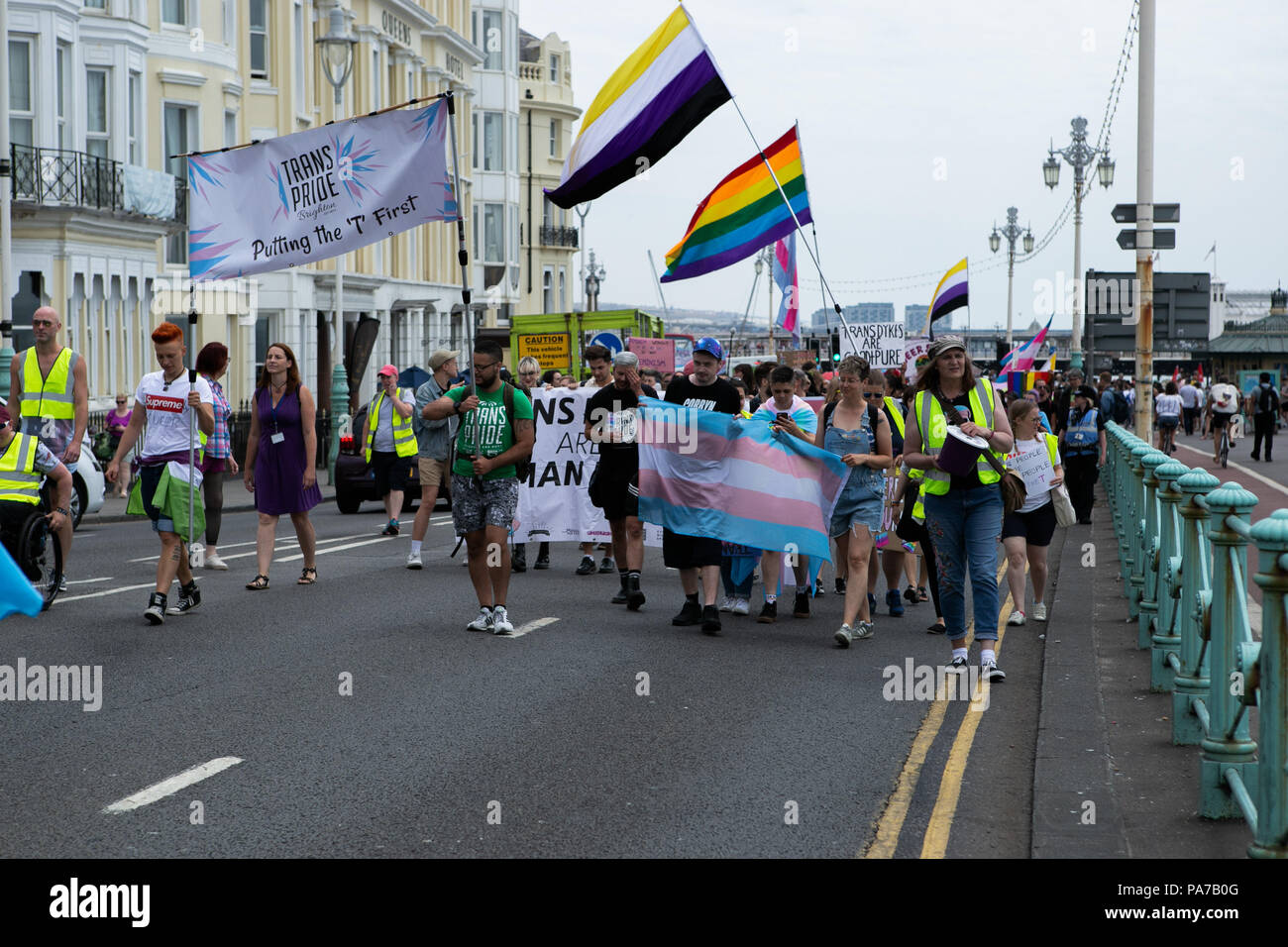 Brighton, UK. July 21, 2018 - Thousands of people march along the ...