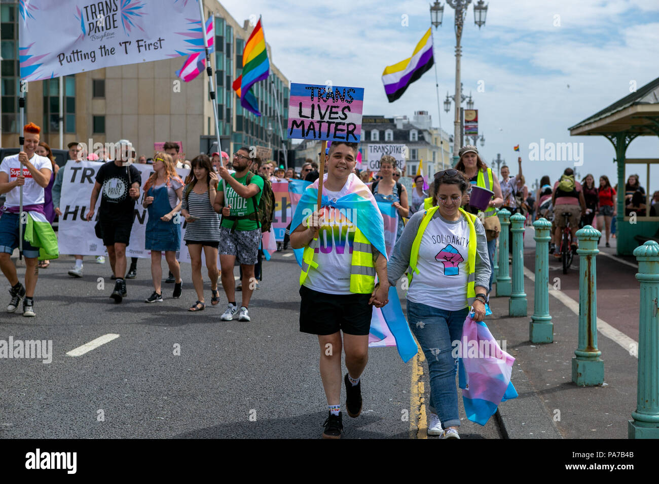 Brighton, UK. July 21, 2018 - Thousands of people march along the ...