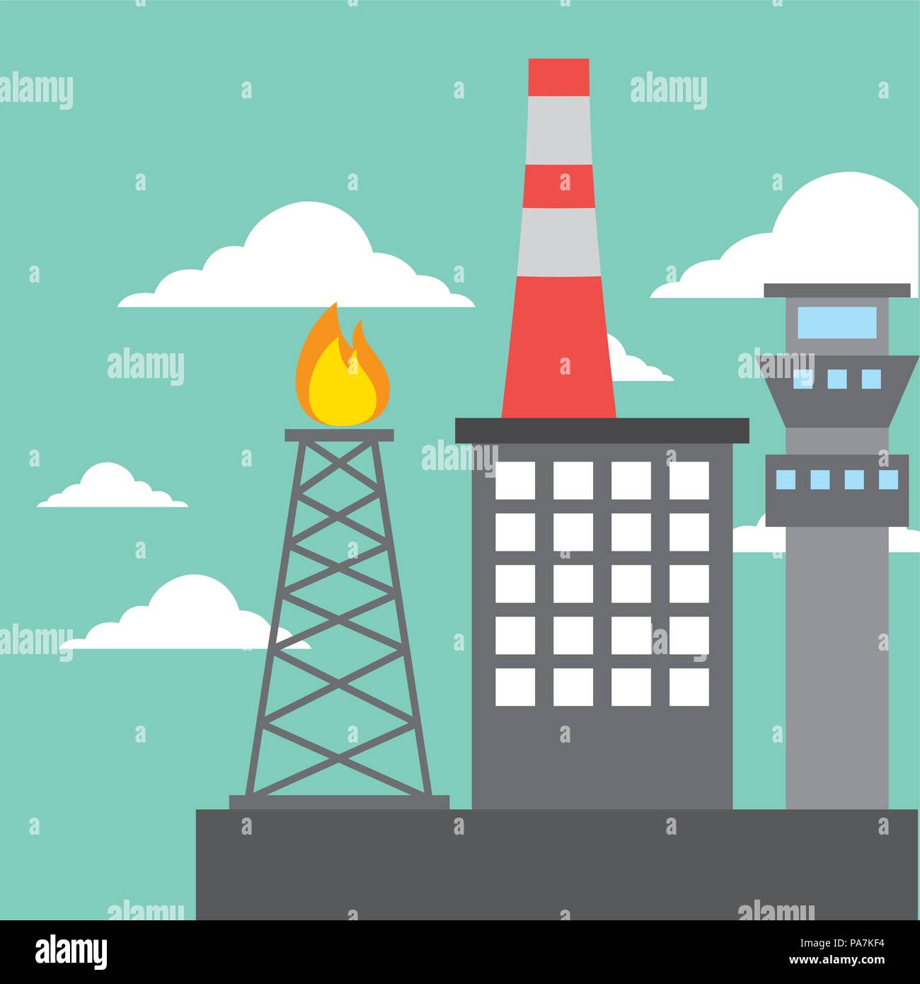 chemical plant refinery burning tower oil industry vector illustration ...