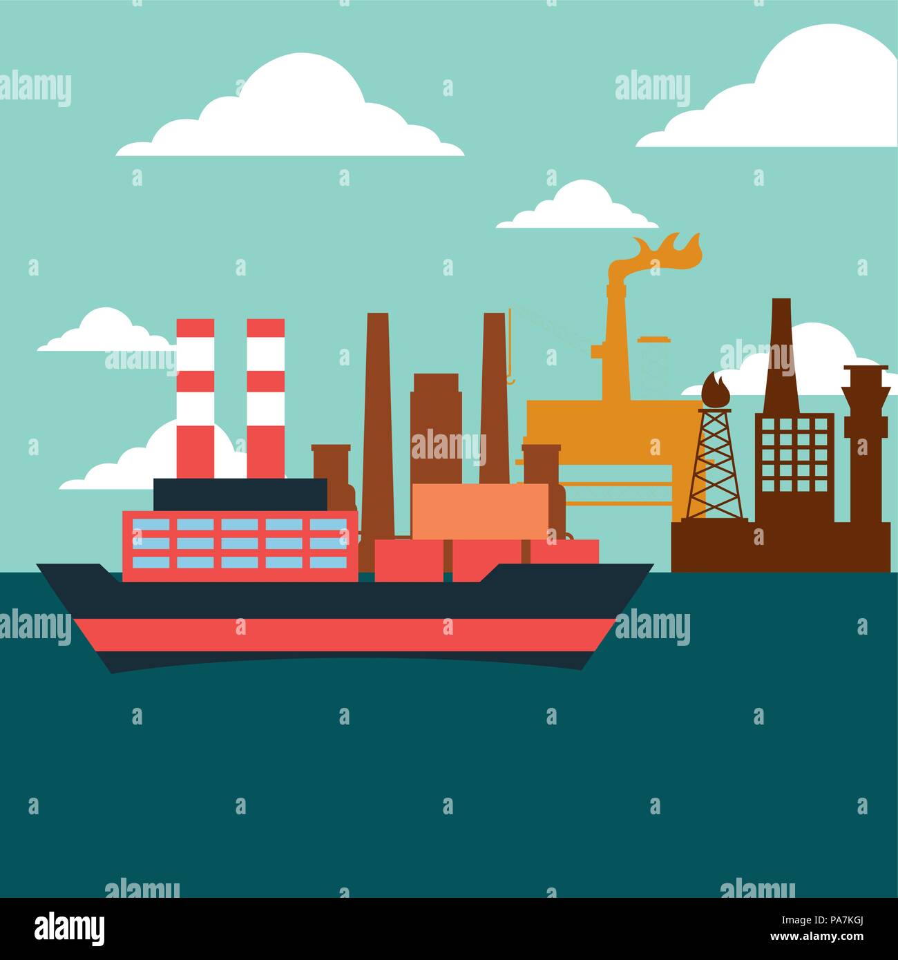 container and tanker ship factory oil industry vector illustration ...