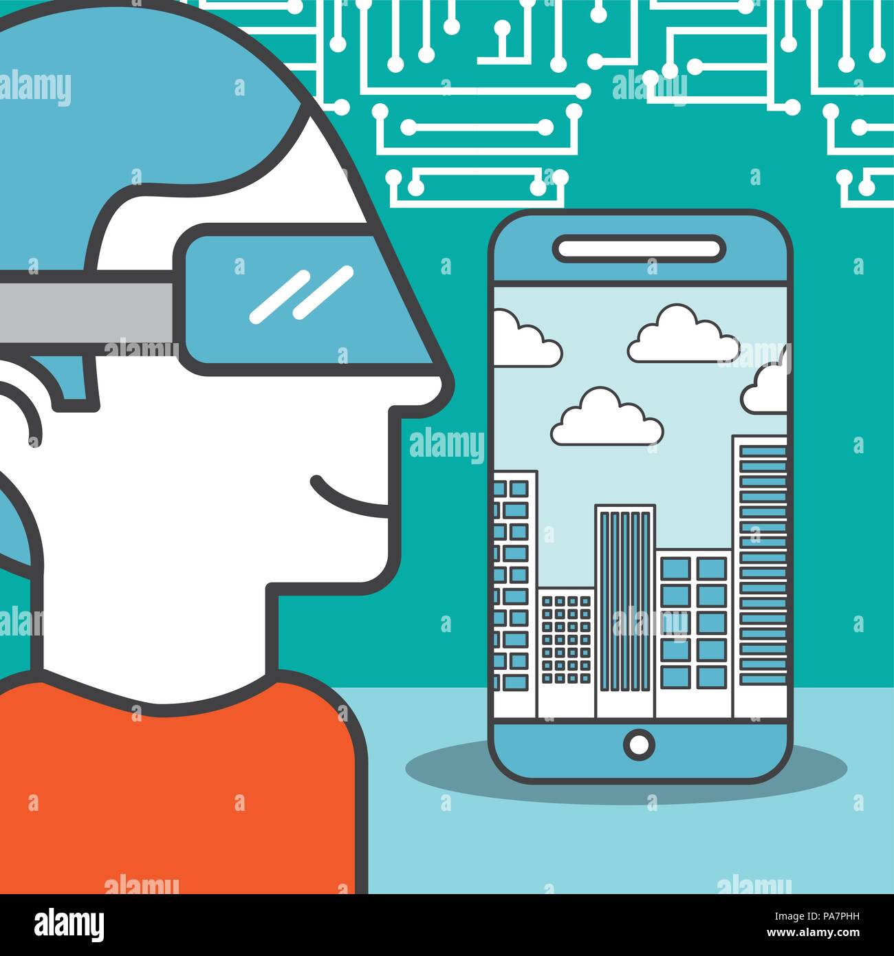 man cartoon using vr glasses smartphone city technology Stock Vector ...